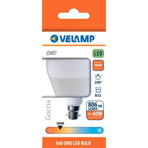 SMD LED-lampa, standard, A60, 9 W, B22-sockel – VELAMP