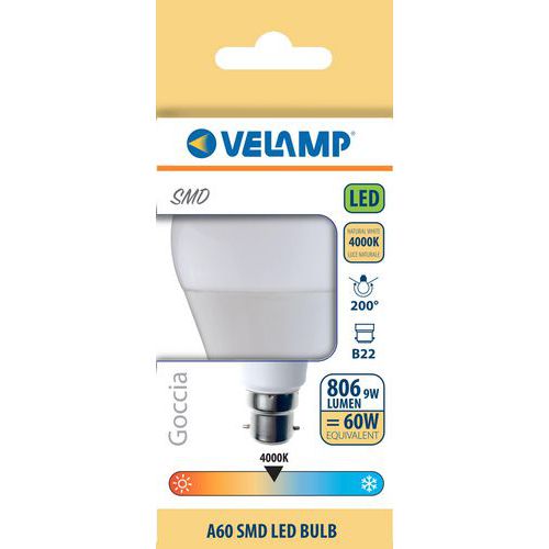 SMD LED-lampa, standard, A60, 9 W, B22-sockel – VELAMP