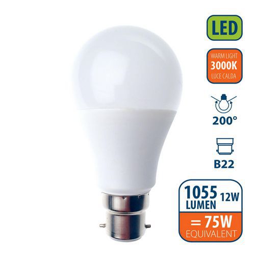 SMD LED-lampa, standard, A60, 12 W, B22-sockel – VELAMP